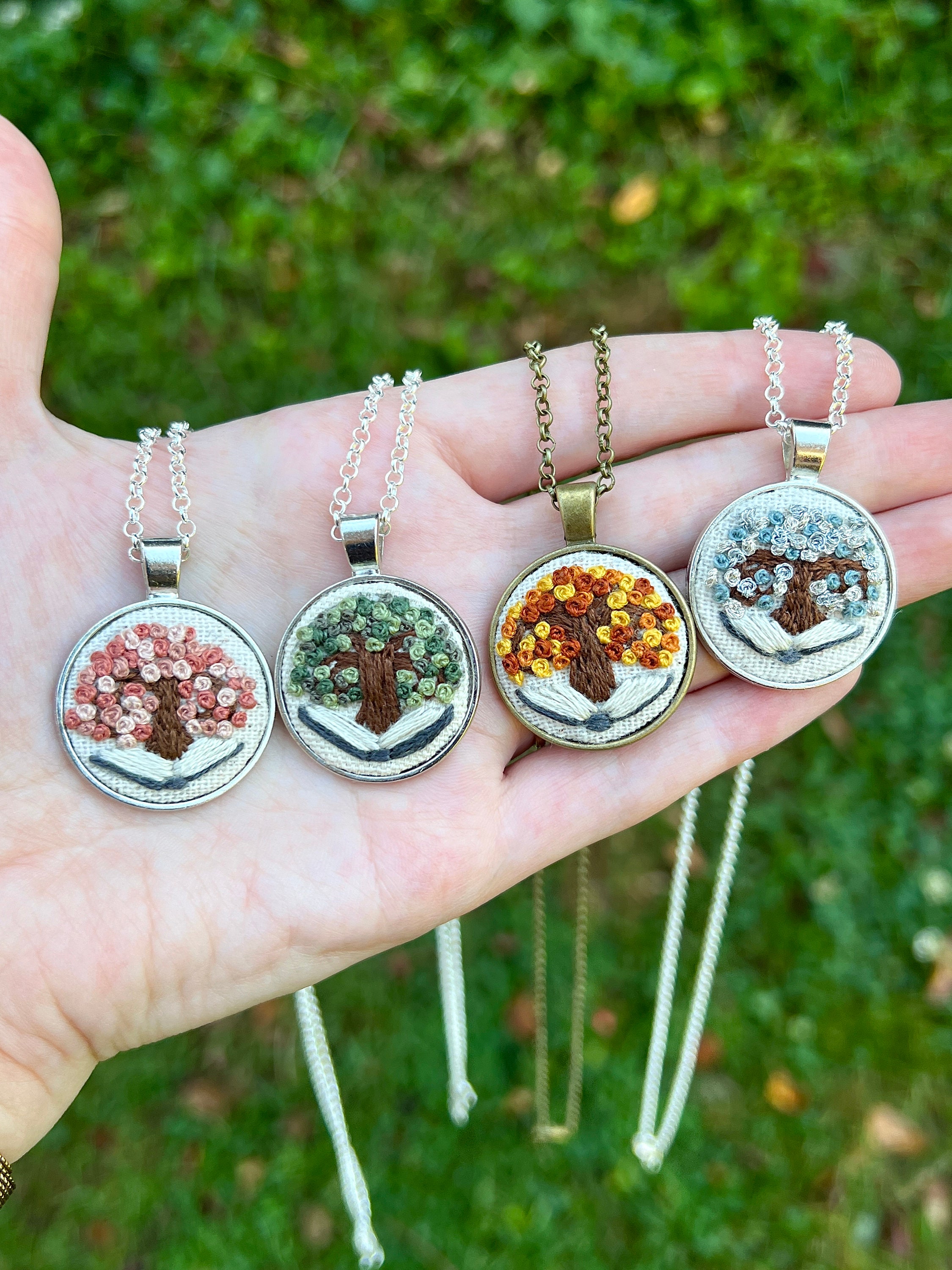 Embroidered Seasonal Tree of Life Pendants, Tree of Life Necklace ...