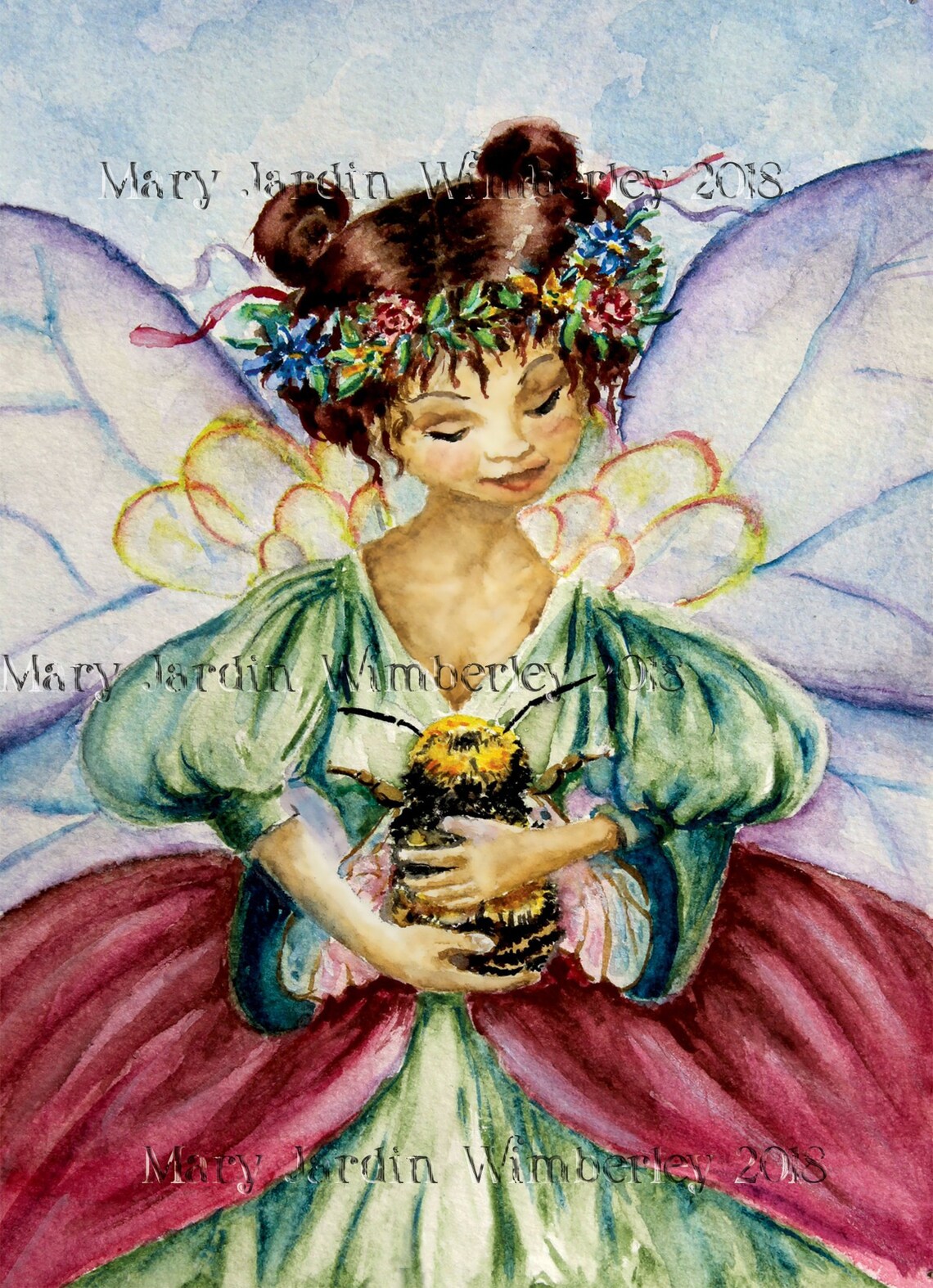 Fairy Lady Print, Watercolor Fairy, Fairy and Bee, Purple Winged Fairy ...