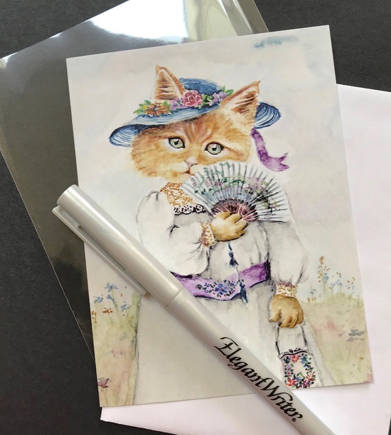 5 Dressed Cat Cards Antique Cat Fan Card Cat Hat Blank Card | Etsy