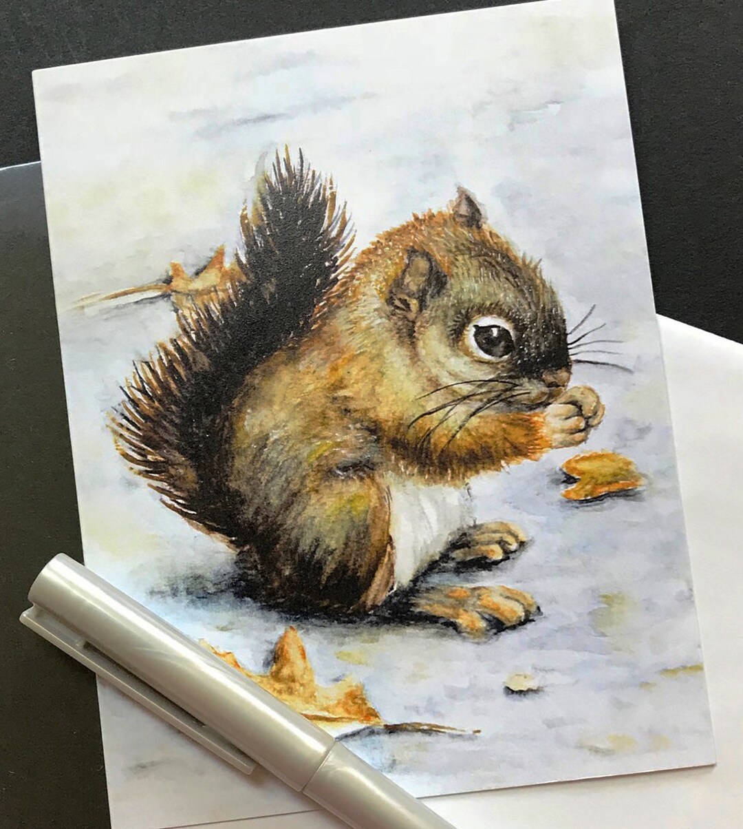 5 Baby Squirrel Cards, 5 Woodland Cards, Squirrel Card Set, Watercolor ...