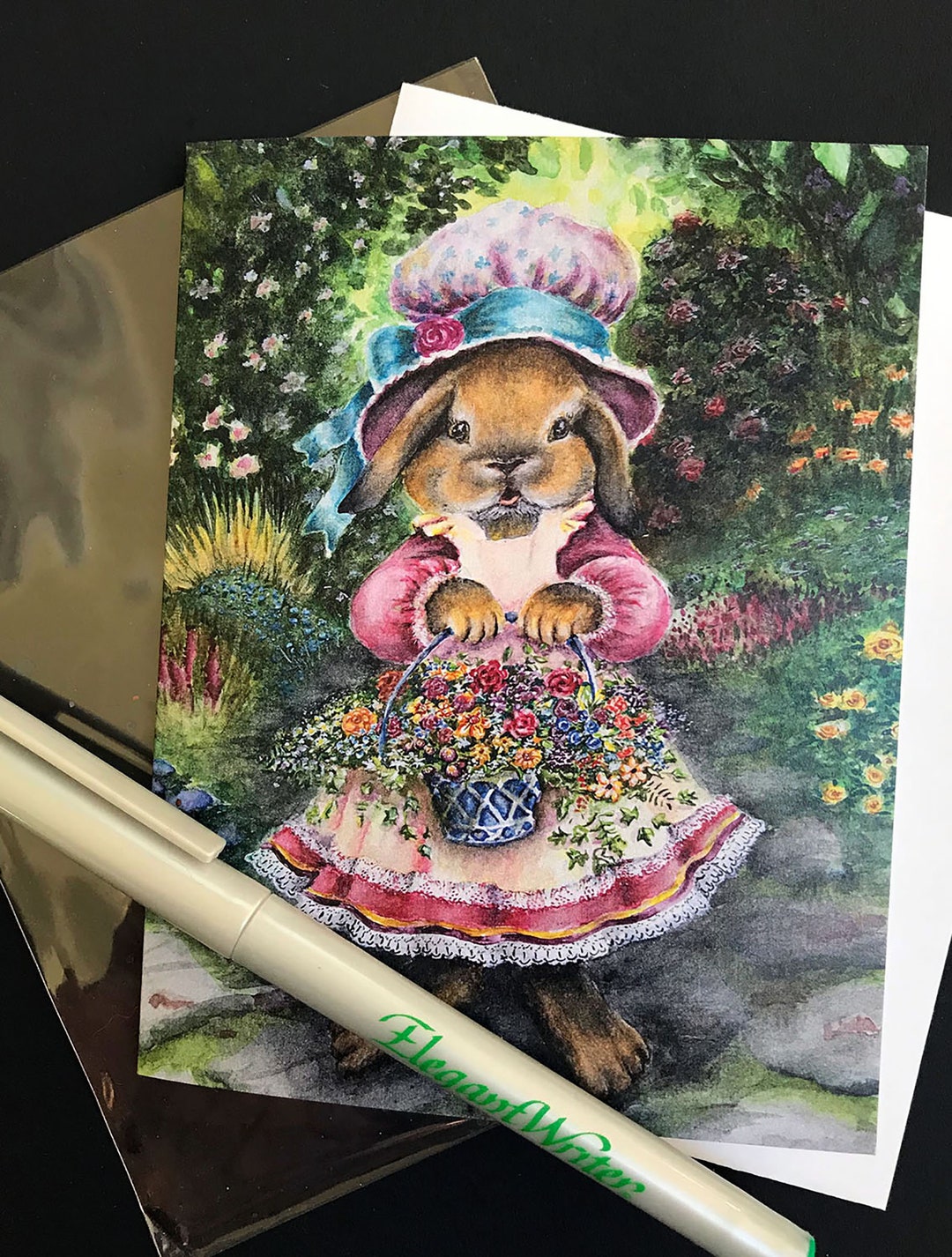 5 Easter Cards, Rabbit Art Card Set, Watercolor Easter, Rabbit Flower ...