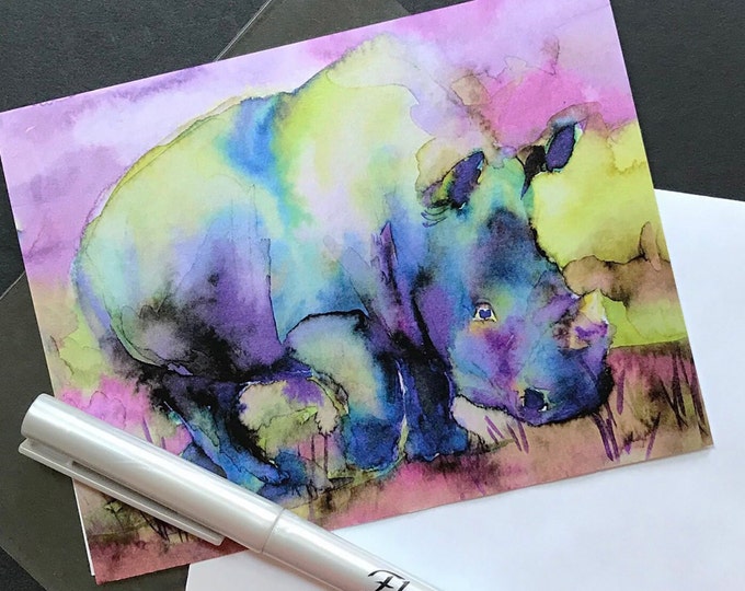5 Rhino Card Pack, White Rhino Cards, 5 Rhino Blank Cards, Watercolor ...