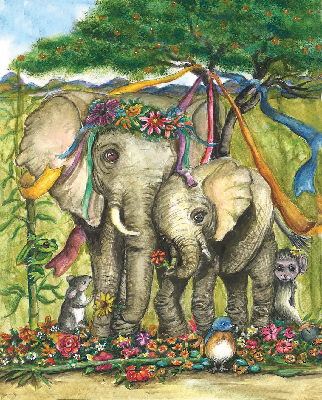 Baby Mom Elephant, Spring Elephant Art, Flowers Elephants, Elephant ...
