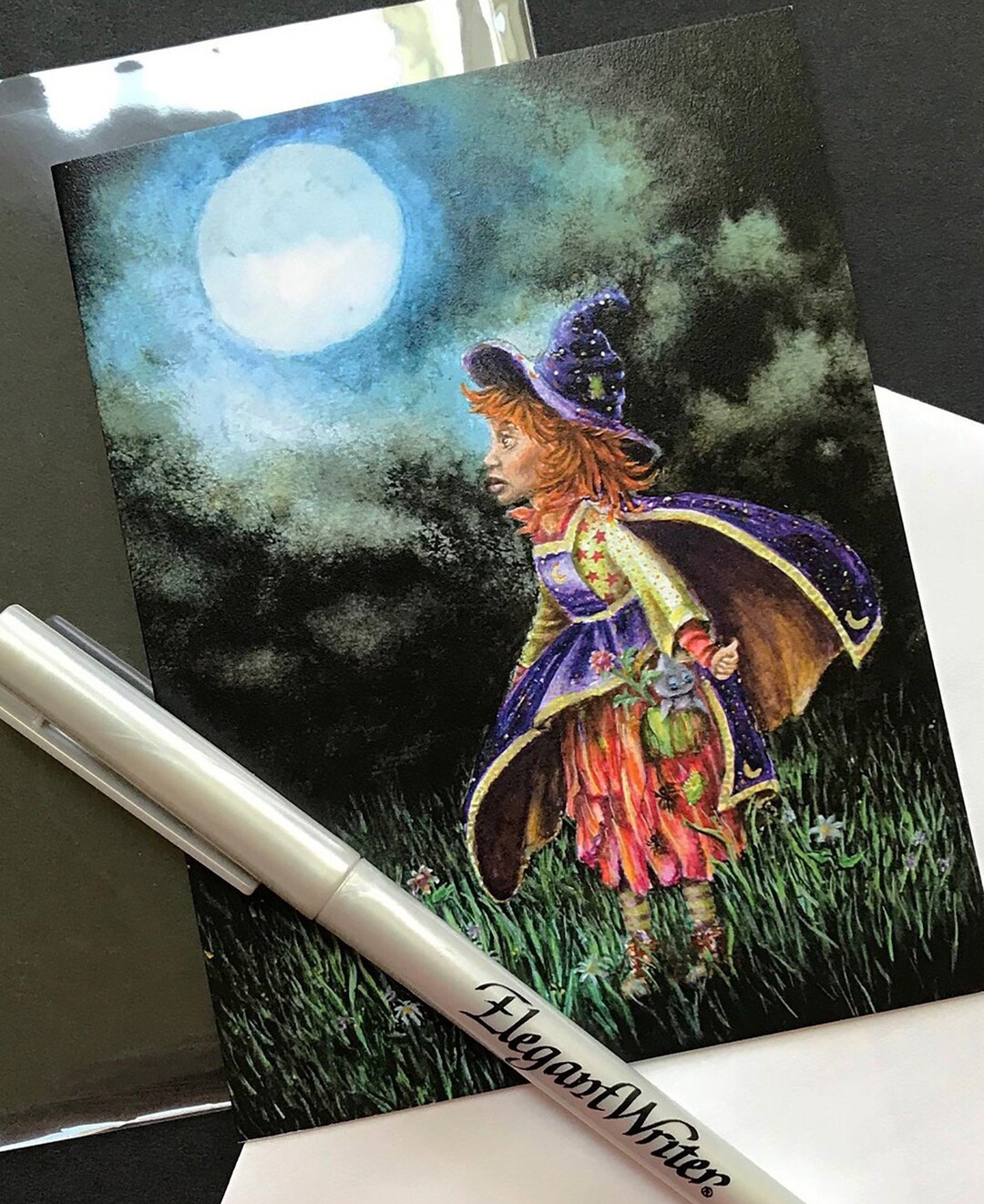 5 Blank Note Cards, Witch in Night Woods , 5 Note Card Set, Fairytale ...