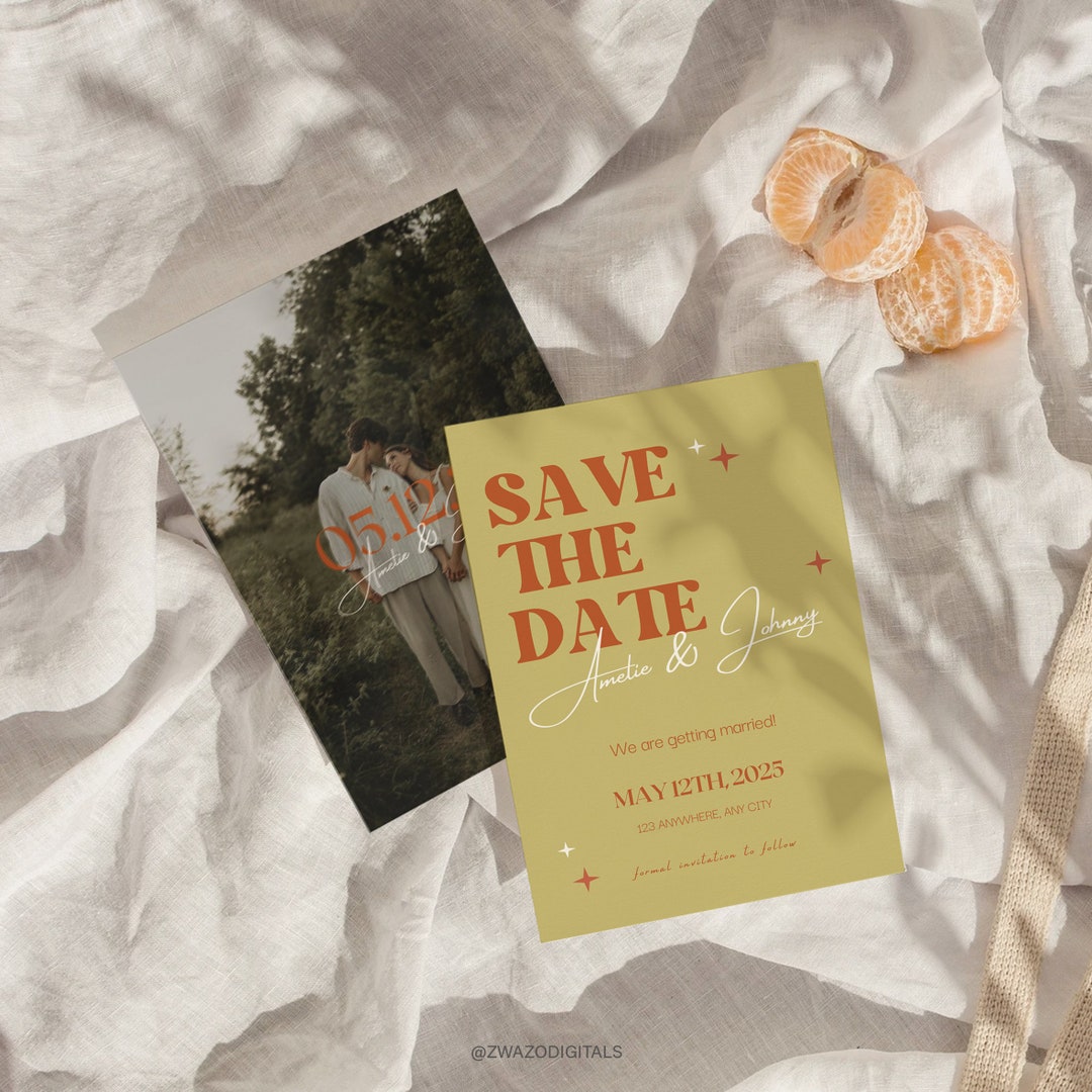 Bold Retro Wedding Save the Date Template, Colorful Invitation, Unique ...