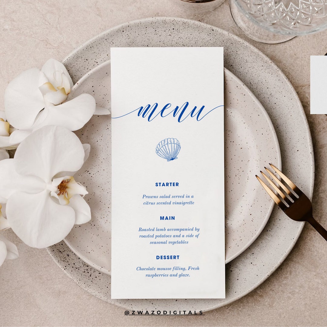 Wedding Menu Template, Beach Wedding, Seashell Menu, Printable Menu ...