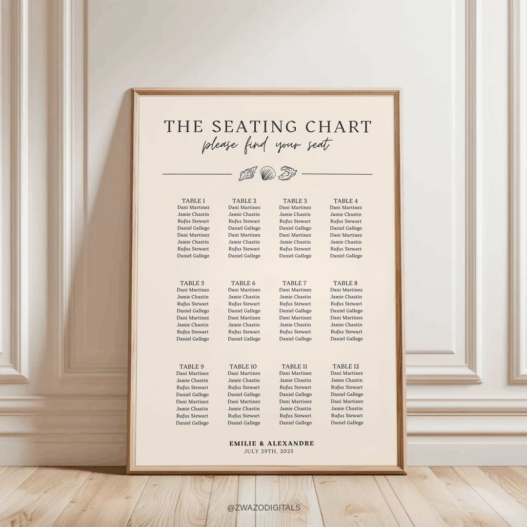 Coastal Seating Chart Template, Beach Seating Plan, Shell Seating ...