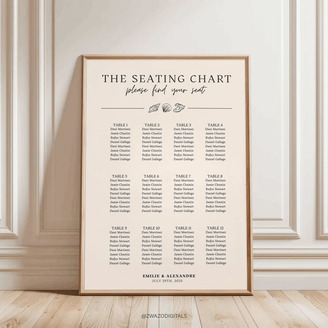 Seashell Beach Wedding Seating Chart Template, Coastal Ocean Reception ...