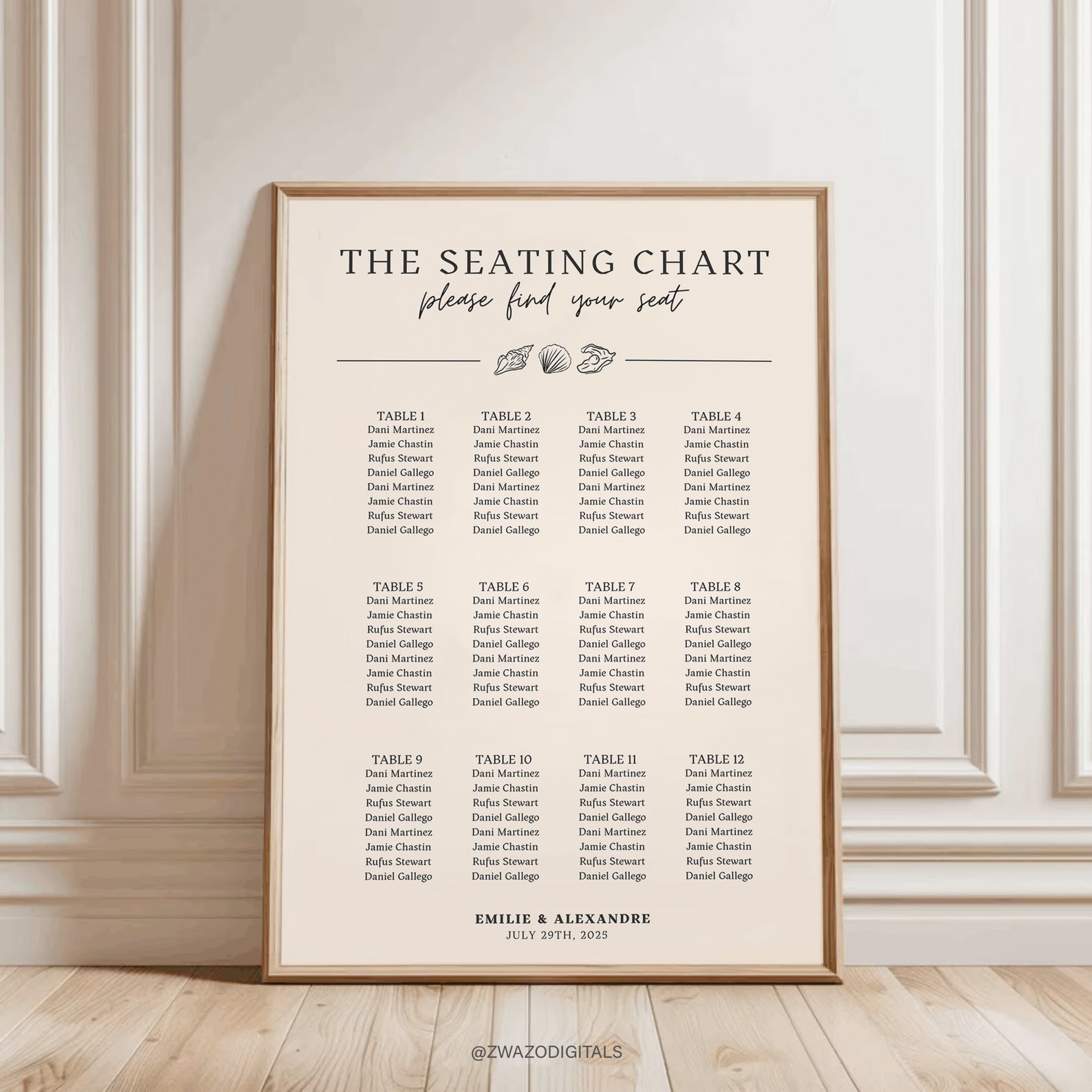 Seashell Beach Wedding Seating Chart Template, Coastal Ocean Reception ...