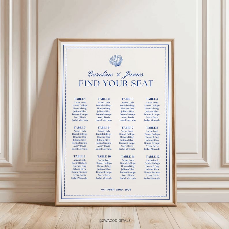 Seashell Beach Wedding Seating Chart Template, Coastal Ocean Reception ...