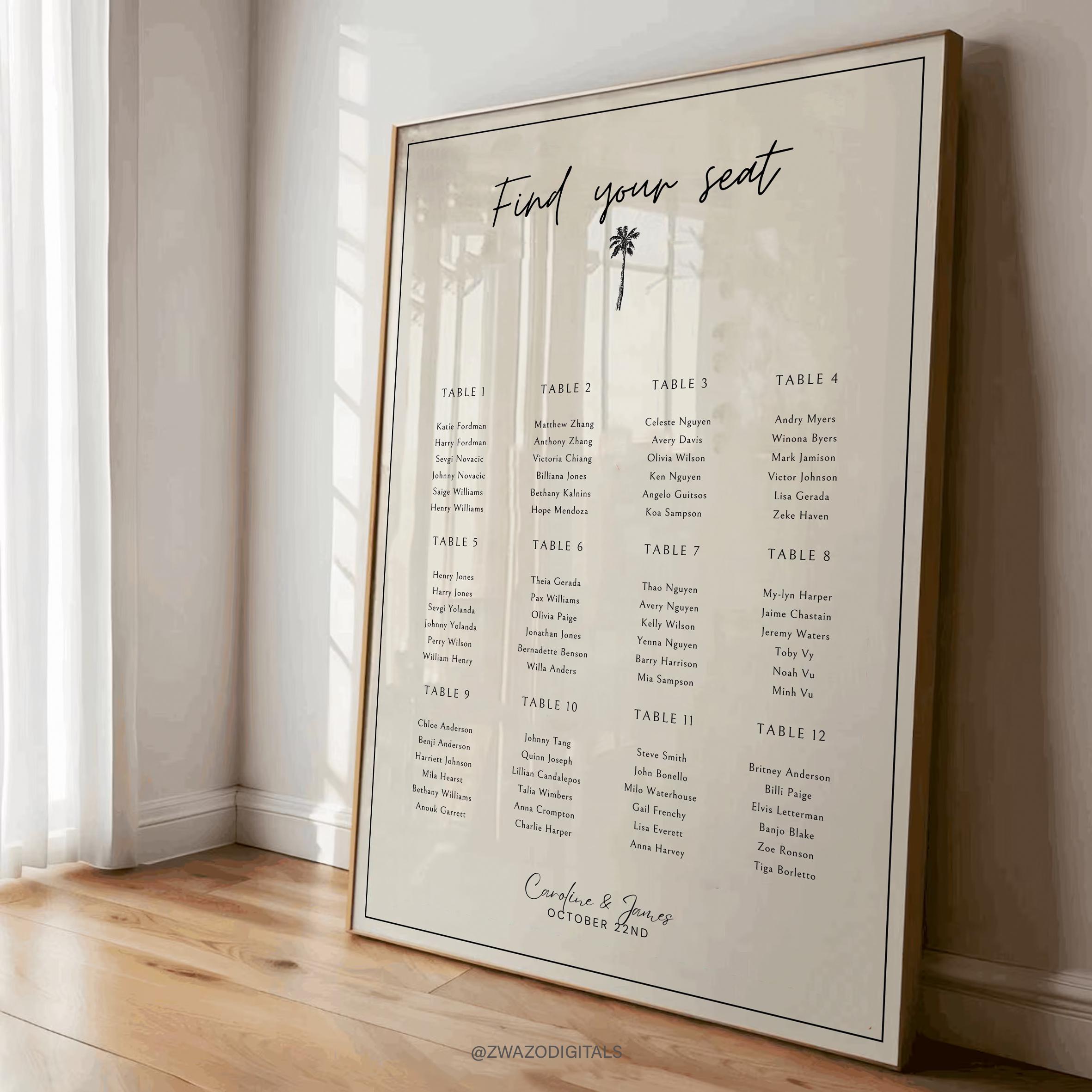 Palm Tree Seating Chart, Boho Beach Tropical Destination Wedding ...