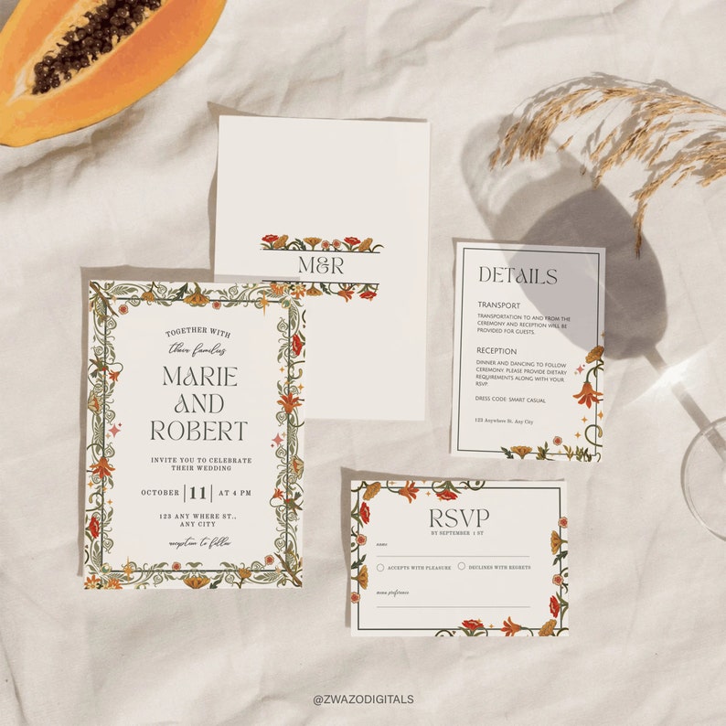 Art Deco Wedding Invitation Template, Vintage Floral Design, Elegant ...