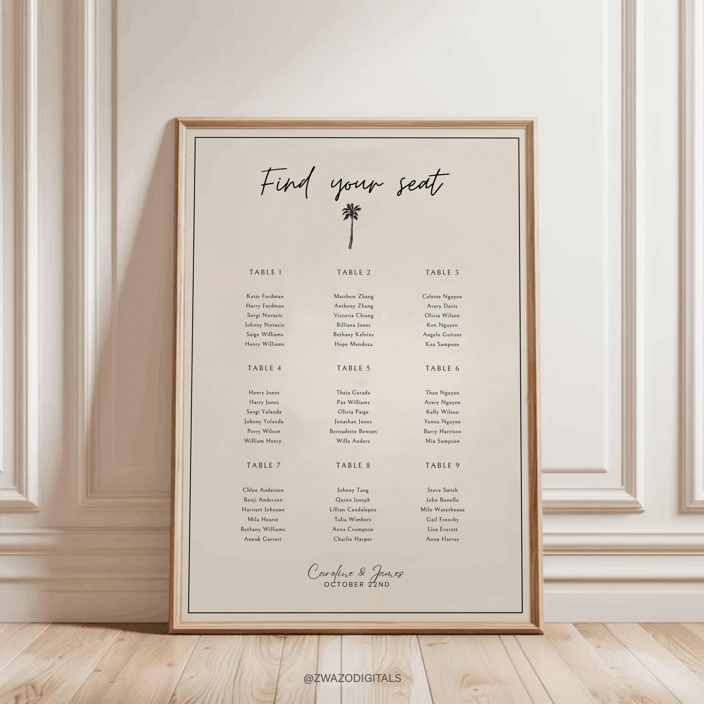Palm Tree Seating Chart, Boho Beach Tropical Destination Wedding ...