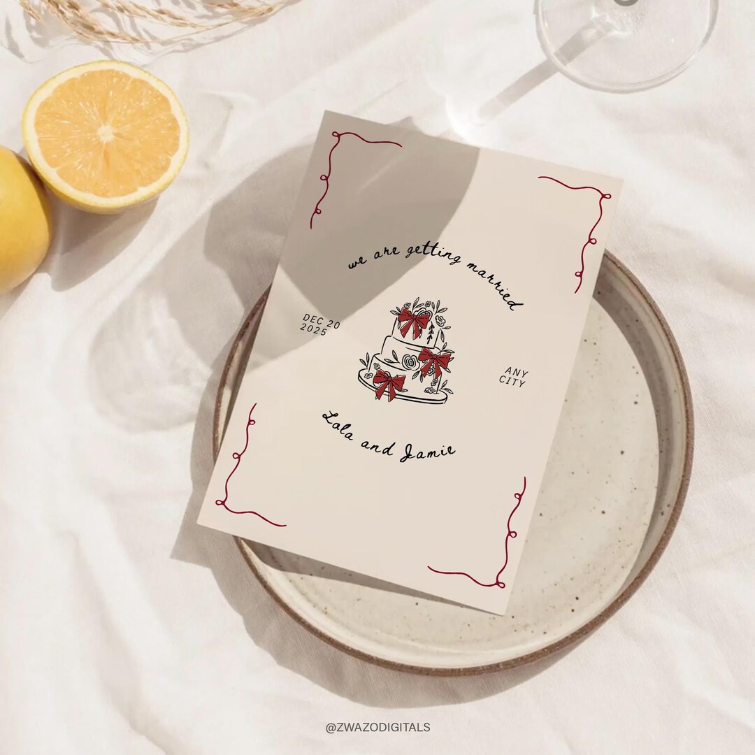 Hand-drawn Wedding Save the Date: Cake & Red Bow (canva Template) - Etsy
