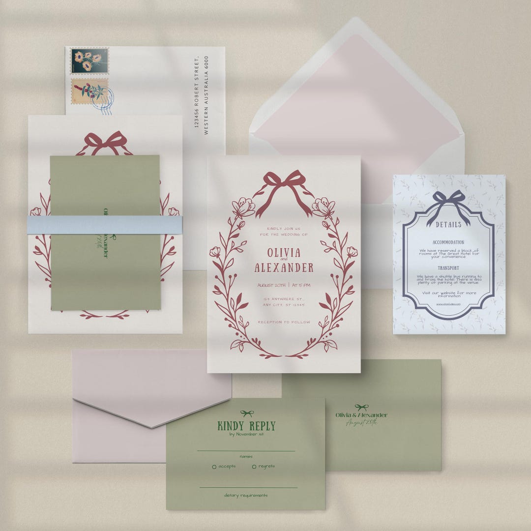 Pastel Wedding Invitation Suite Template, Hand Drawn Bow, Destination ...