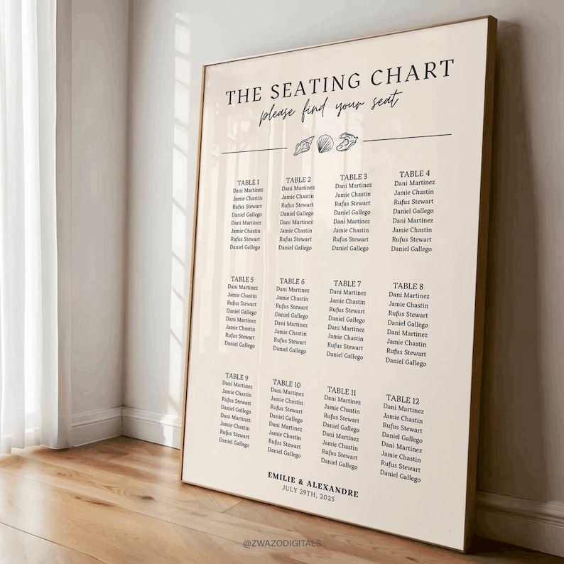 Seashell Beach Wedding Seating Chart Template, Coastal Ocean Reception ...