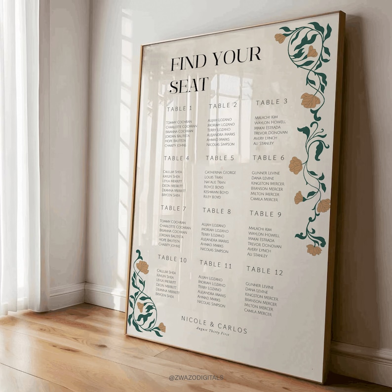 Vintage Art Deco Seating Chart Template, Seating Plan Template, Vintage ...