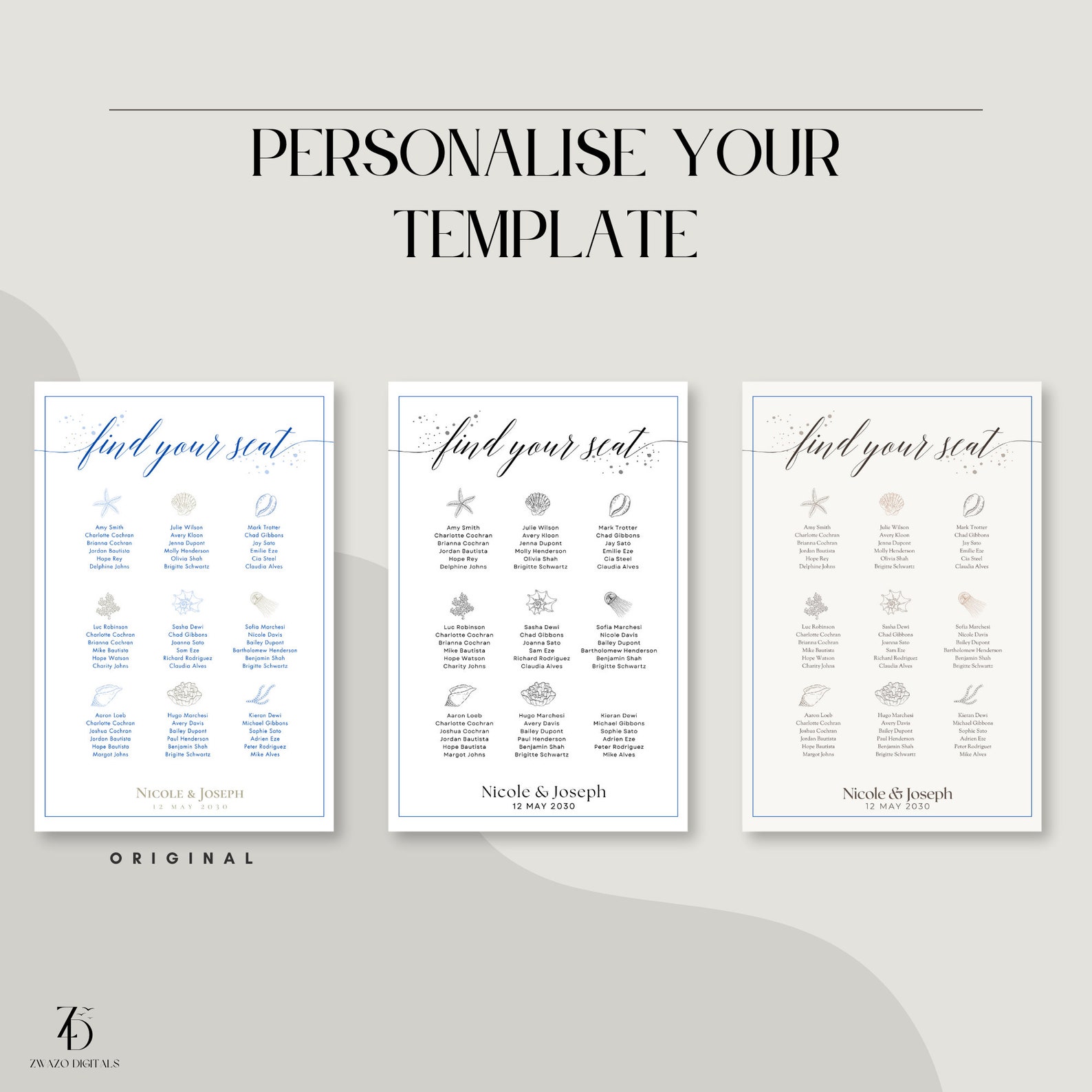 Seashell Beach Wedding Seating Chart Template, Coastal Ocean Reception ...