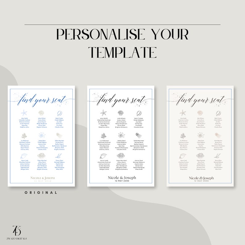 Seashell Beach Wedding Seating Chart Template, Coastal Ocean Reception ...