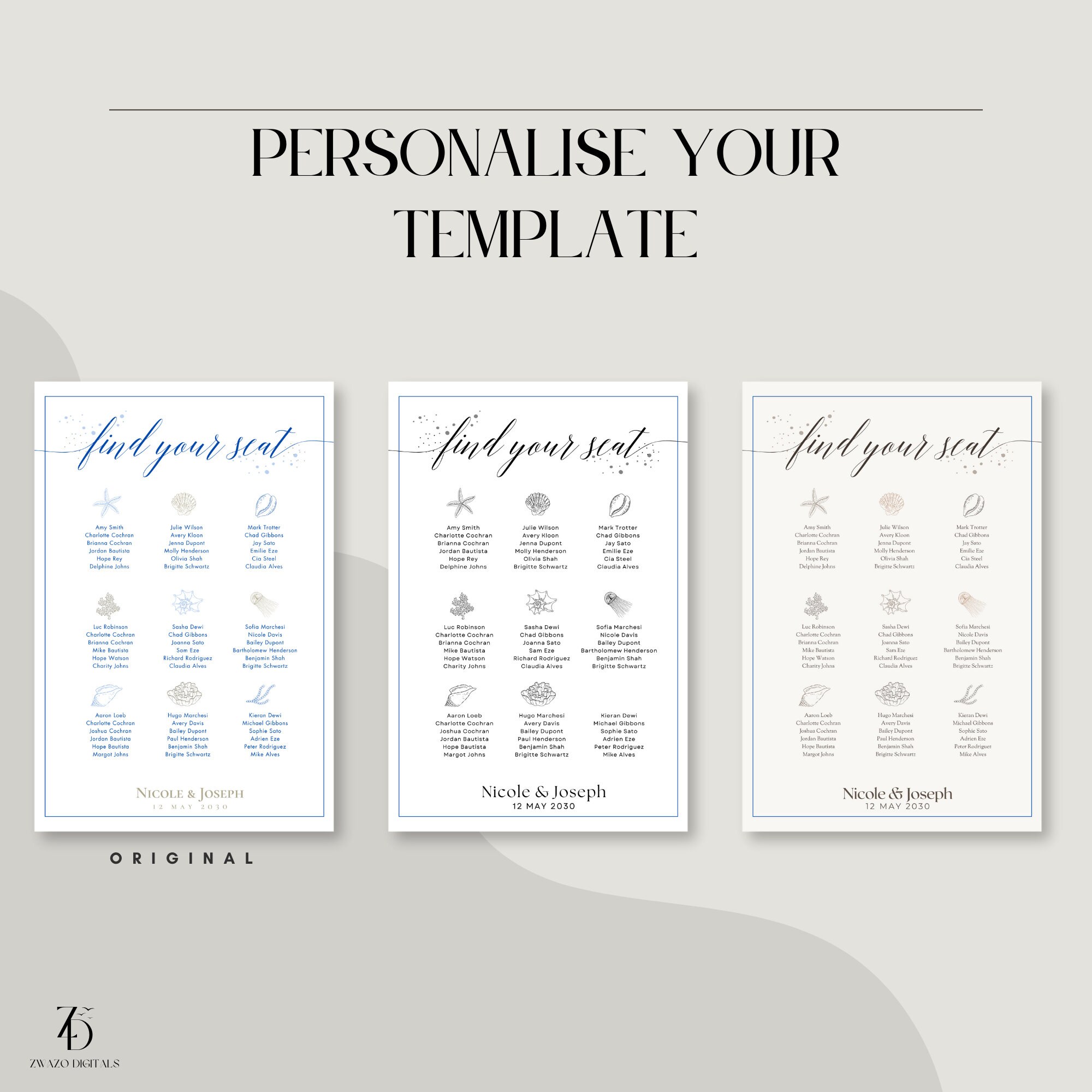 Seashell Beach Wedding Seating Chart Template, Coastal Ocean Reception ...