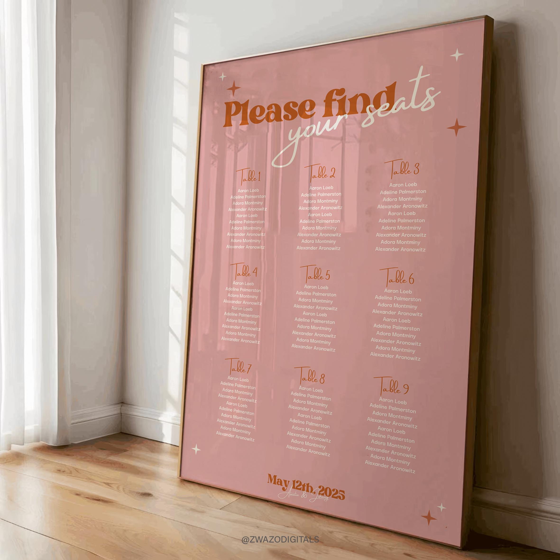 Bold Retro Wedding Seating Chart Template, Editable Seating Plan ...