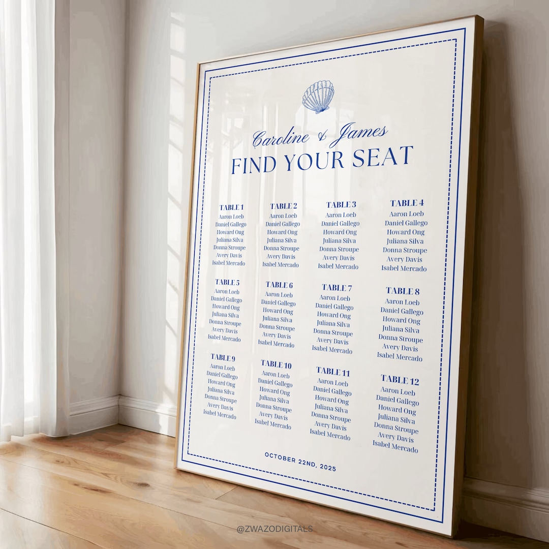 Seashell Beach Wedding Seating Chart Template, Coastal Ocean Reception ...