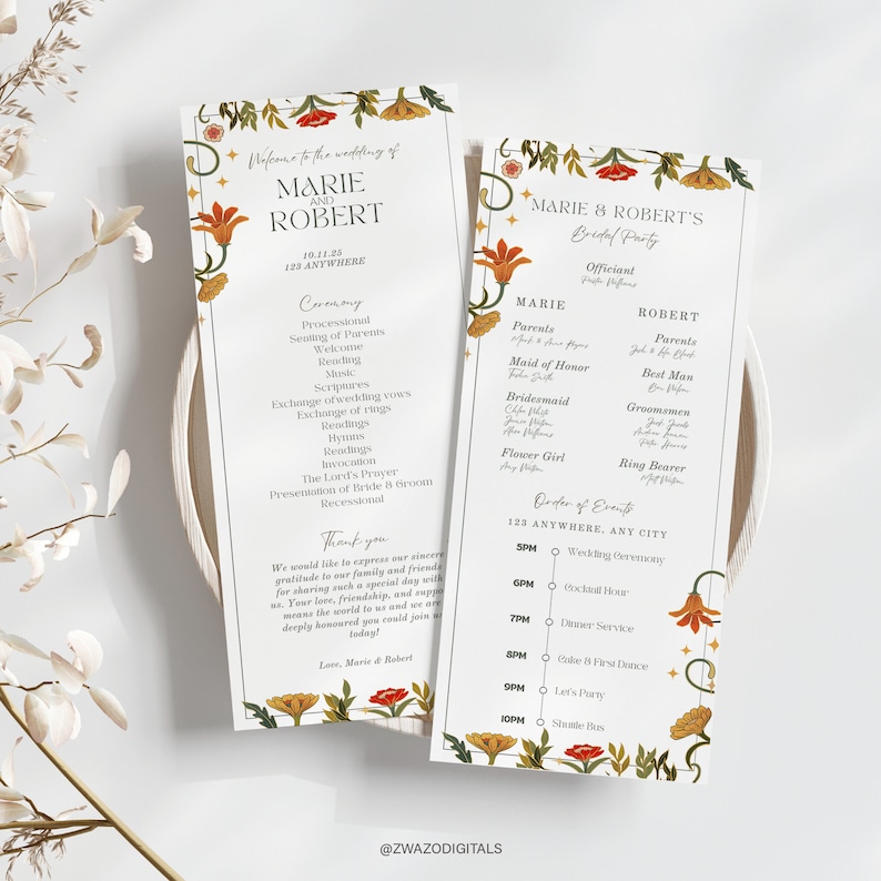 Art Nouveau Wedding Program Template, Retro Vintage Floral Art Deco ...