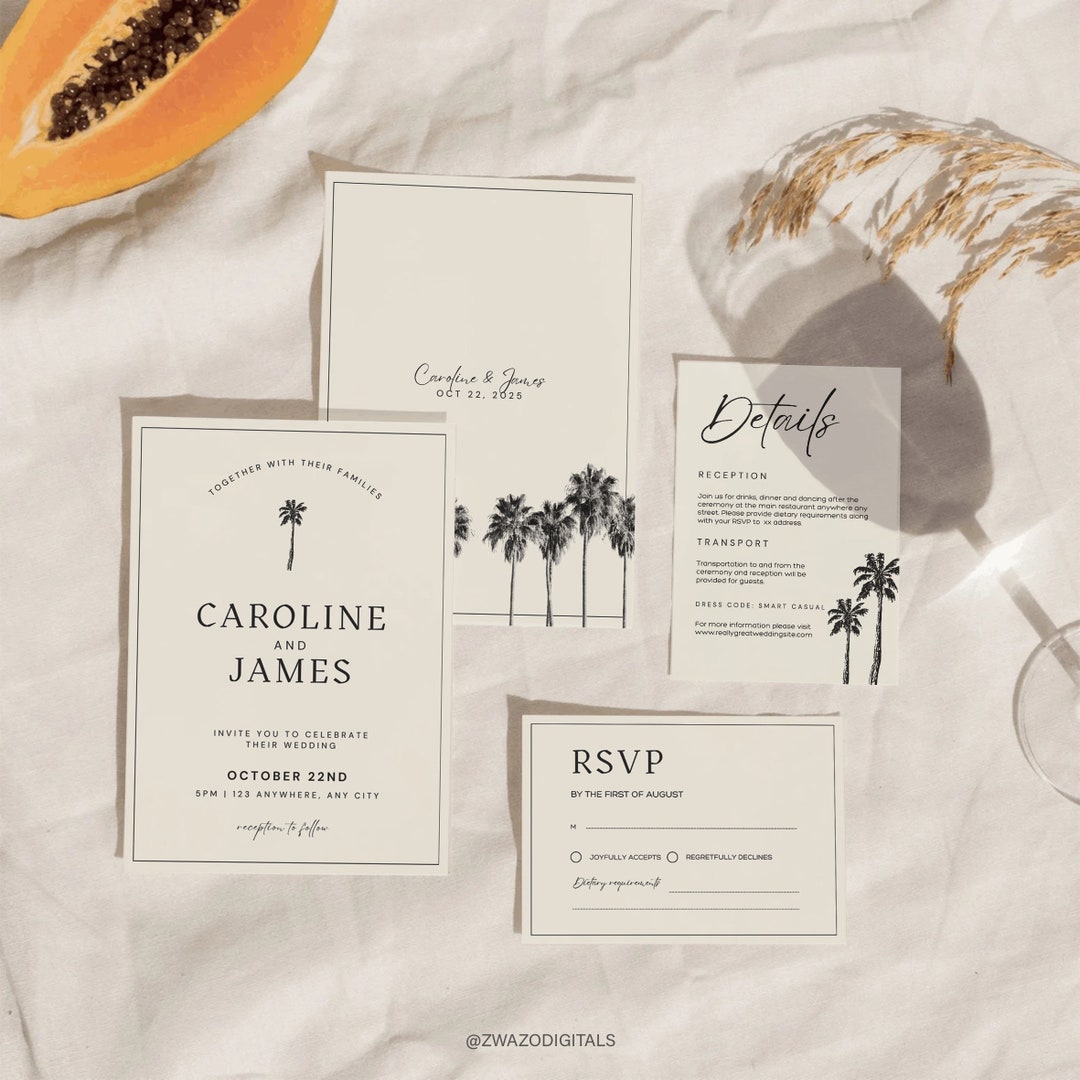 Palm Tree Wedding Invitation Template, Tropical Coastal Design, Summer ...