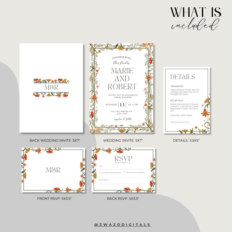 Art Deco Wedding Invitation Template, Vintage Floral Design, Elegant ...