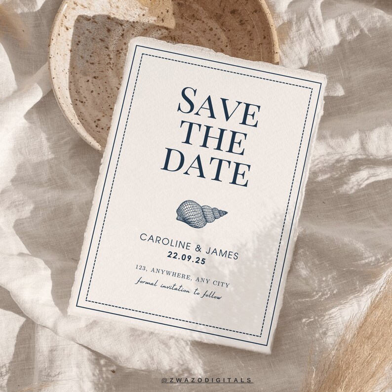Beach Save the Date Template, Sea Shells Wedding Announcement, Modern ...