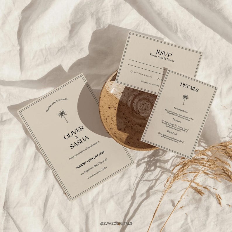 Palm Tree Wedding Invitation Template, Tropical Coastal Design, Summer ...