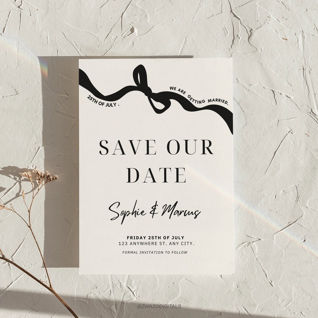 Bow Save the Date Template, Modern Hand Drawn Ribbon Design, Elegant ...