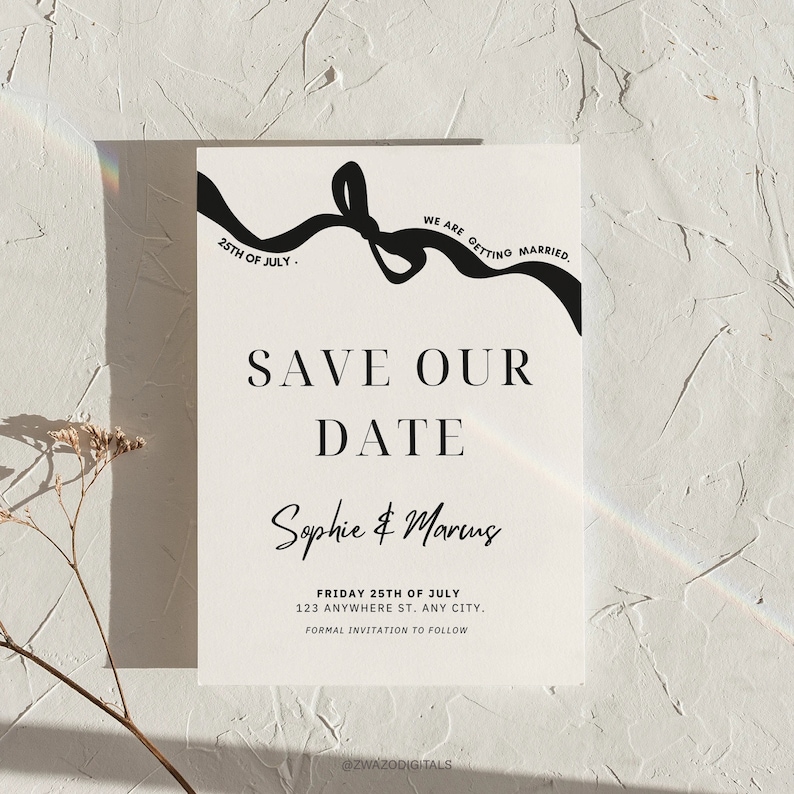 Bow Save the Date Template, Modern Hand Drawn Ribbon Design, Elegant ...