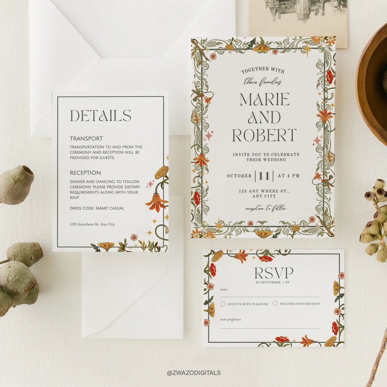 Art Deco Wedding Invitation Template, Vintage Floral Design, Elegant ...