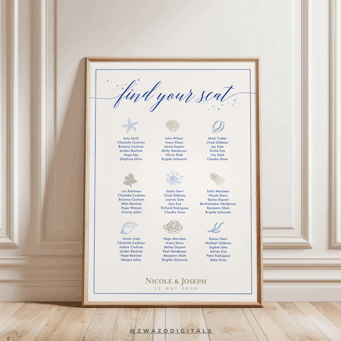 Seashell Beach Wedding Seating Chart Template, Coastal Ocean Reception ...