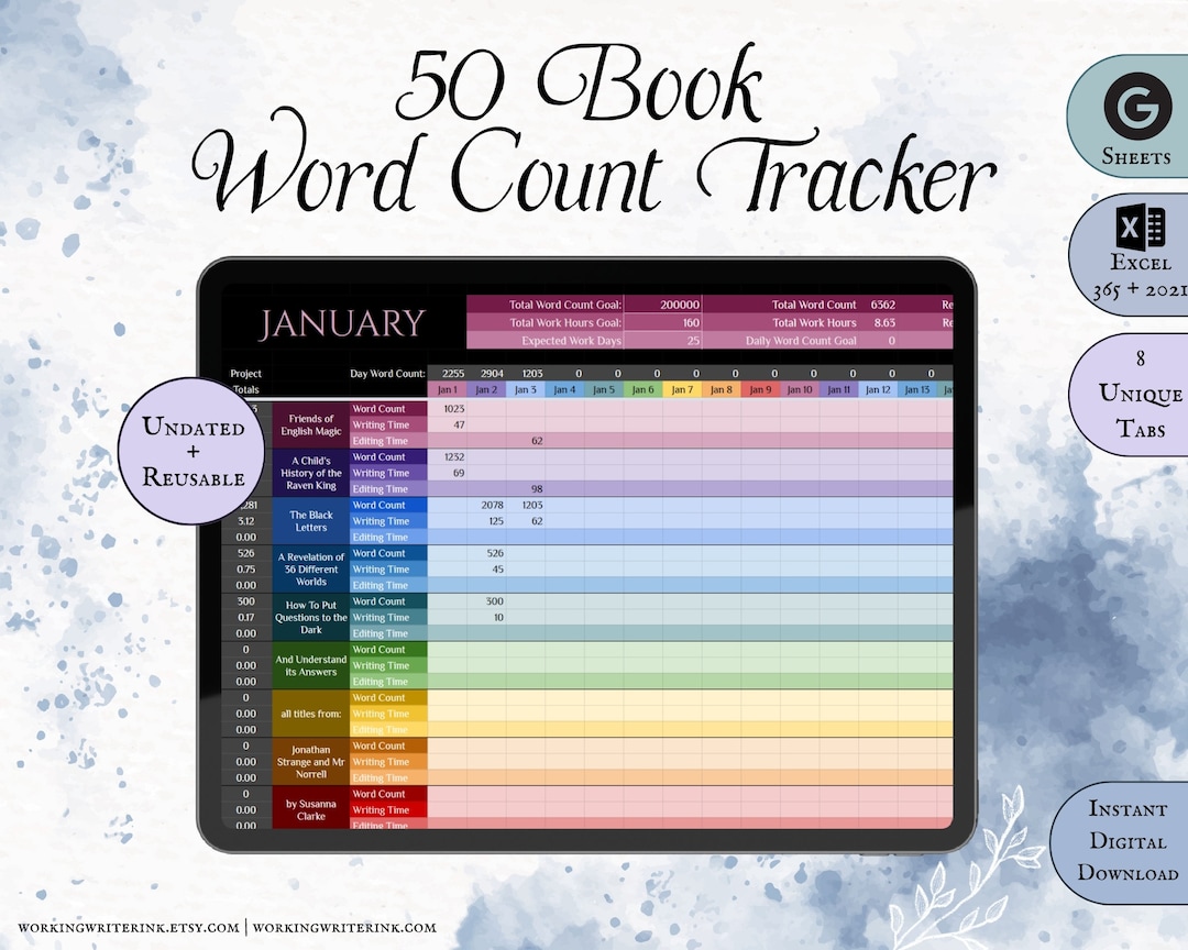 50 Book Word Count Tracker - Productivty Tool for Authorpreneurs ...