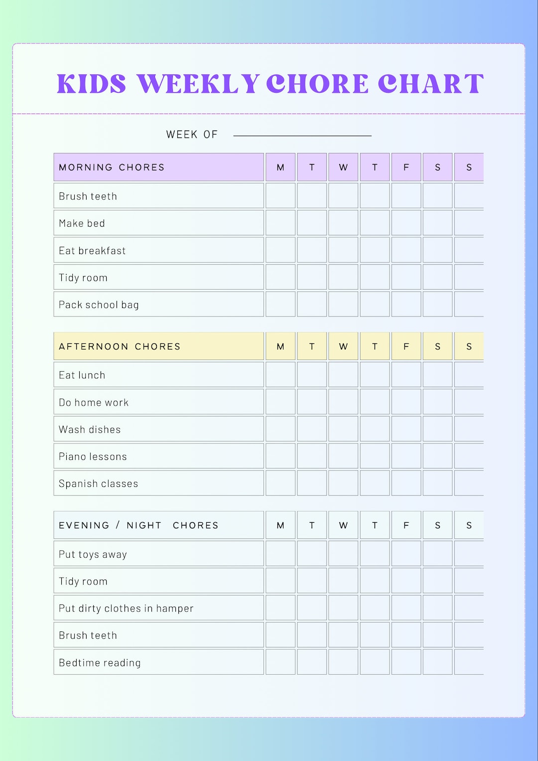 Kids Weekly Chore Chart, Printable - Etsy