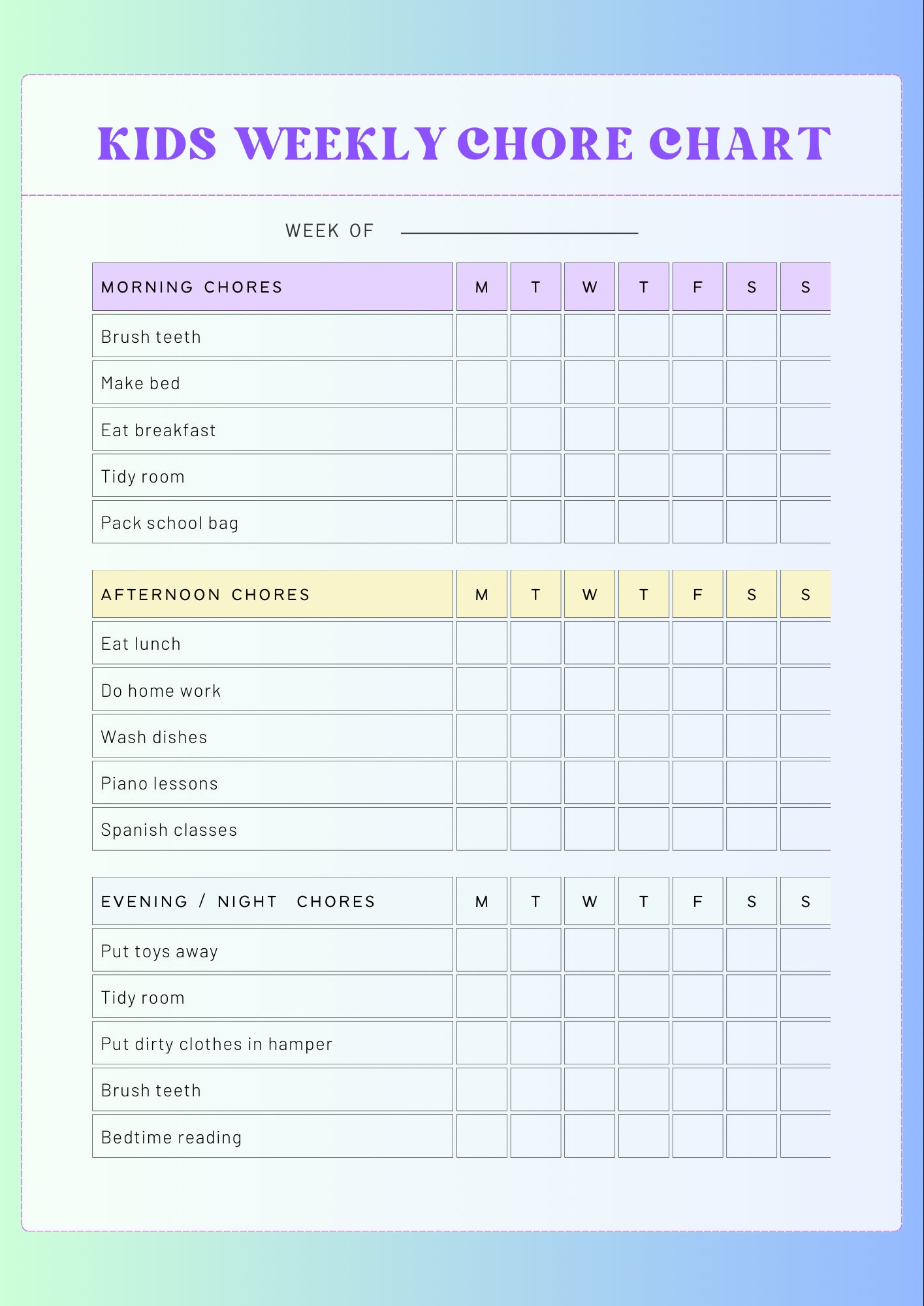 Kids Weekly Chore Chart, Printable - Etsy