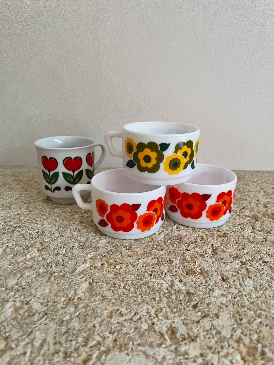 70s Arcopal Cups // Flowers // Yellow // Red // 1970 // Vintage ...