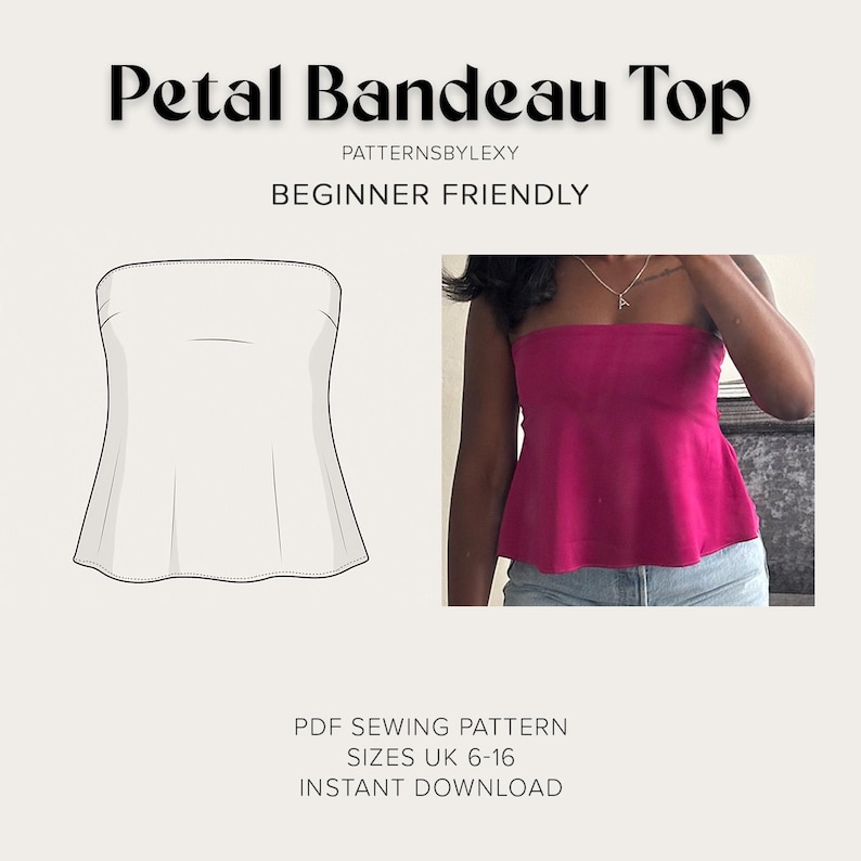 Peplum Bandeau Top Sewing Pattern: Beginner-friendly PDF (sizes UK 6-16 ...