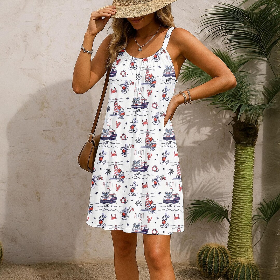 Nautical Sling Dress, Mickey Mouse Boat Print Sundress, Summer Cruise ...