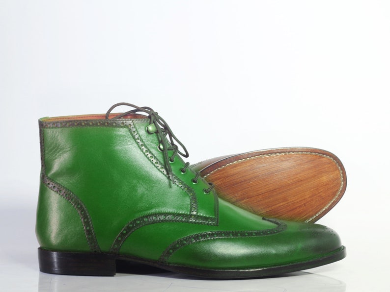 Handmade Green Color Genuine Leather Stylish Wing Tip Brogues Boots for ...