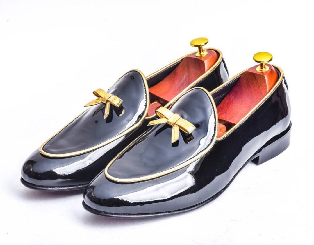 Handmade Black Color Genuine Patent Leather Stylish Yellow Bow Tie ...