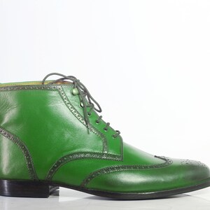 Handmade Green Color Genuine Leather Stylish Wing Tip Brogues Boots for ...