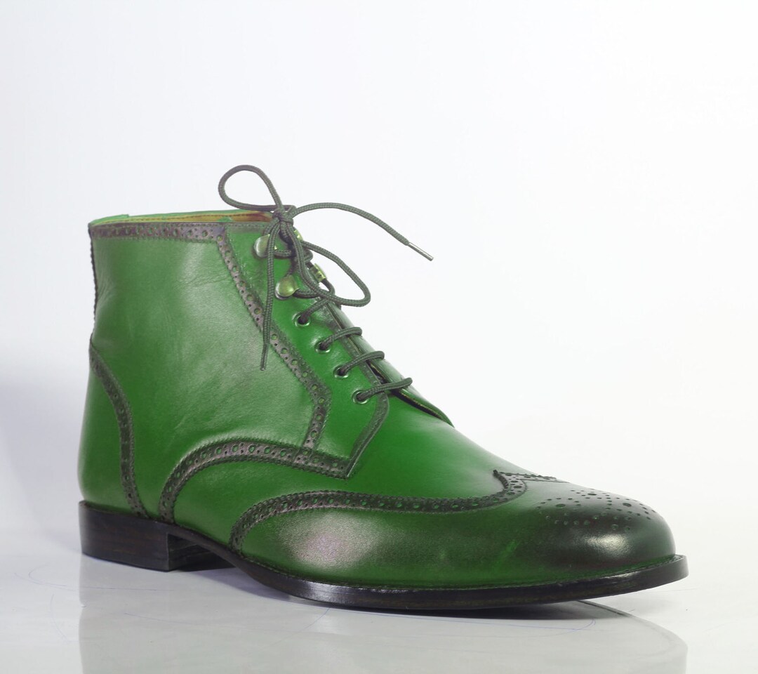 Handmade Green Color Genuine Leather Stylish Wing Tip Brogues Boots for ...