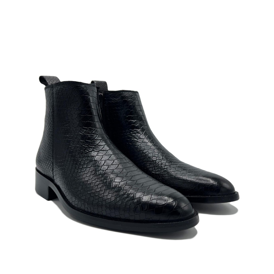 Handmade Black Color Genuine Snake Skin Textured Leather Stylish Ankle ...