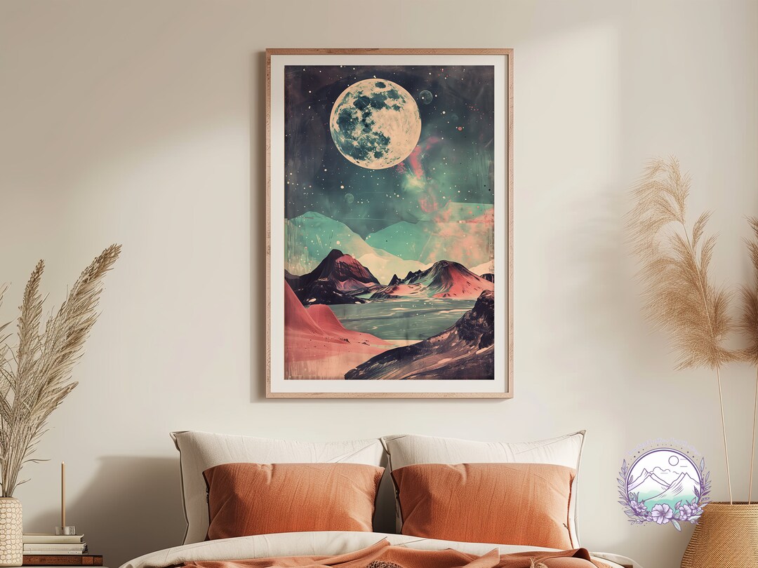 Retro Moon Landscape Print Large Wall Art Modern Digital Printable Lake ...