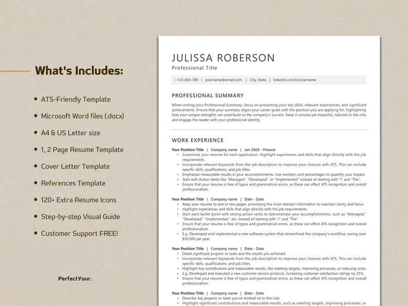 ATS Resume Template Word With Cover Letter, Reference & Icons, Simple ...