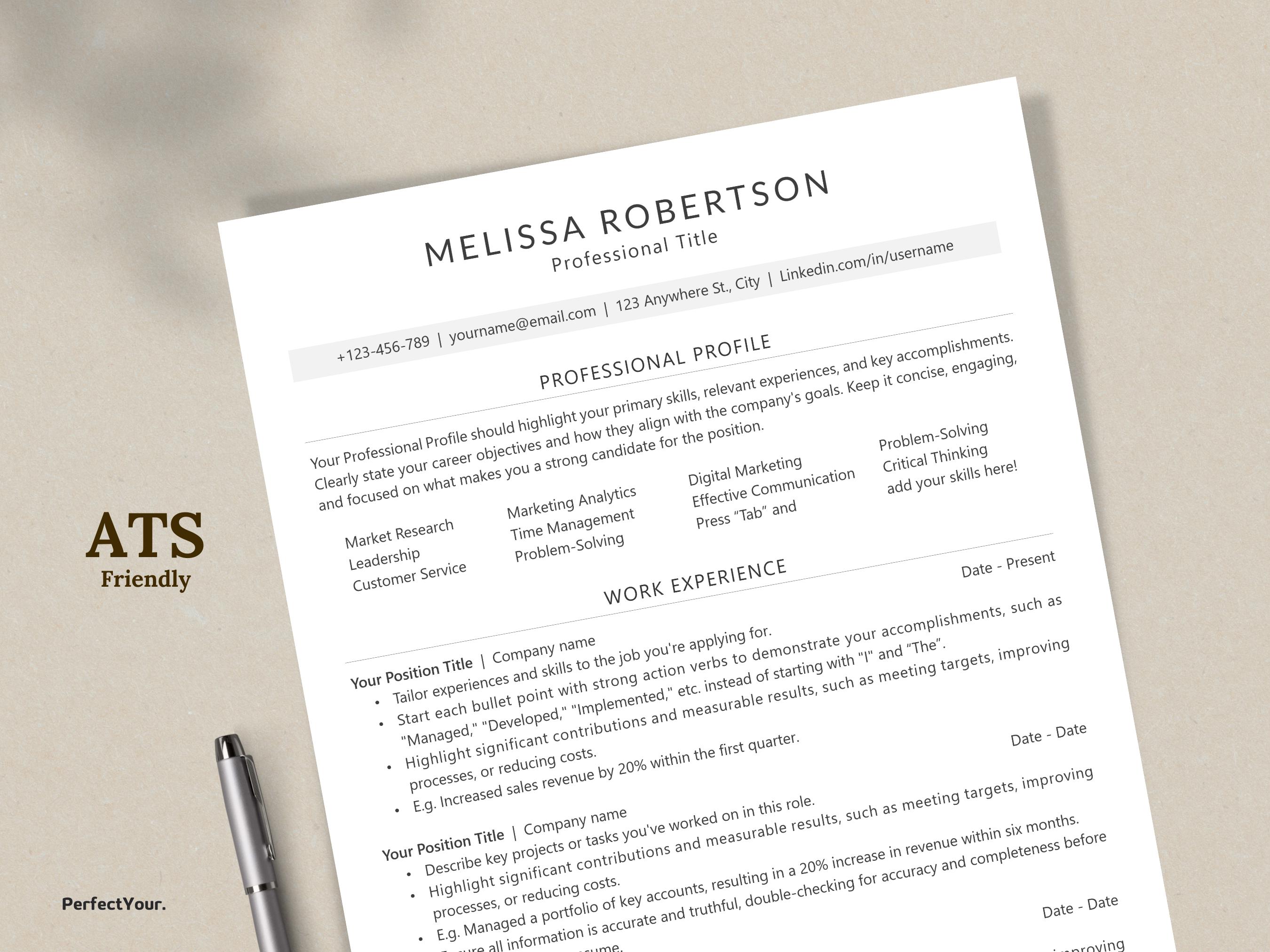 Professional ATS Resume Template Word & Cover Letter, CV Template ATS Friendly Resume Word, One ...