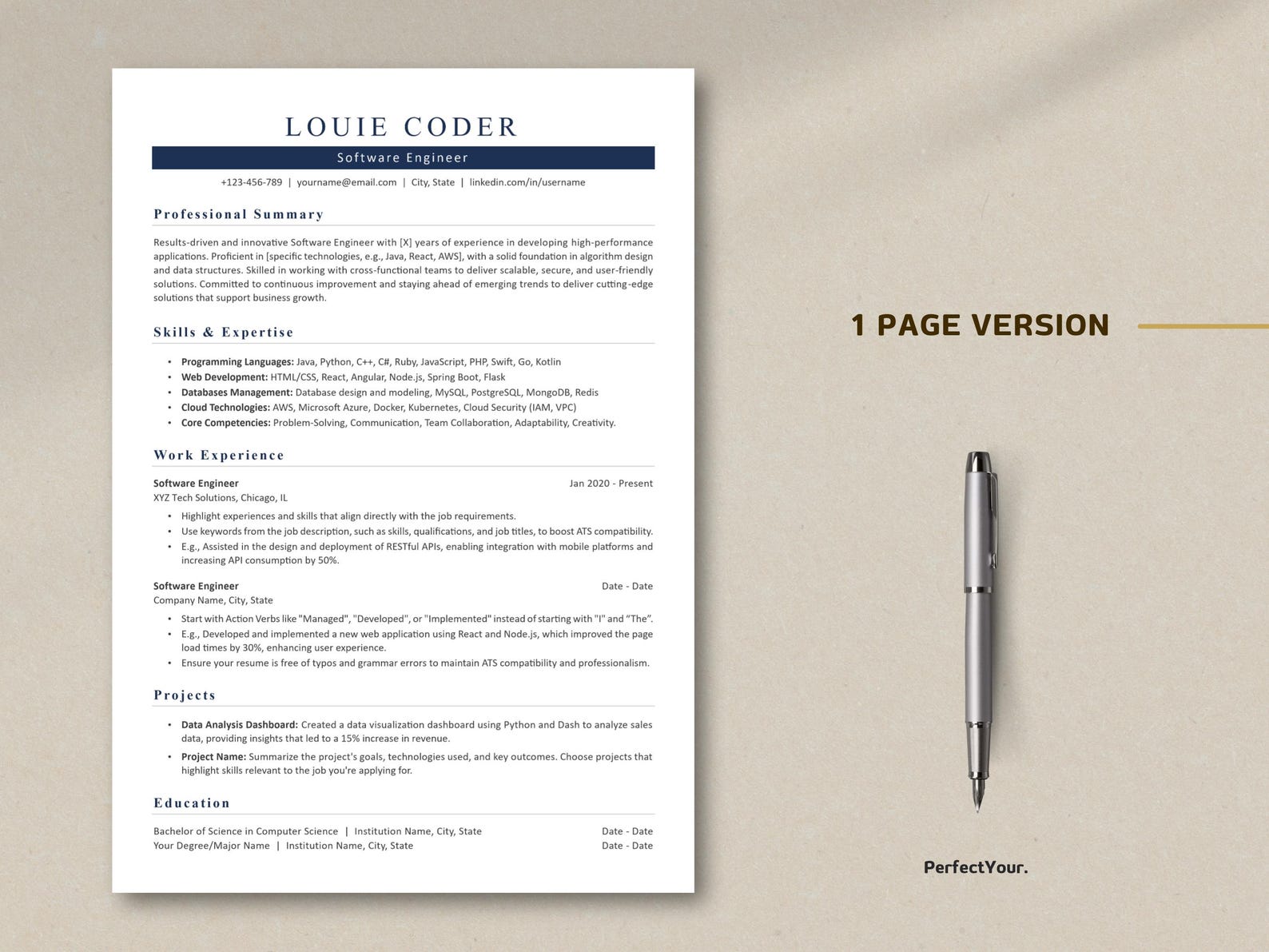 Resume for Software Engineer and Cover Letter, ATS Resume Template Word ...